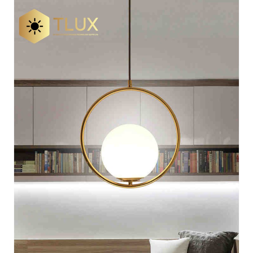 Gold Plated Ring Frame With Milky White Glass Ball Pendant Light Fixture - TLUX